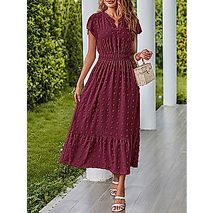 MEROKEETY Summer Short Sleeve Vneck Wedding Dress Swiss Dot Flowy A Line Tiered Maxi Dresses Burgundy Medium