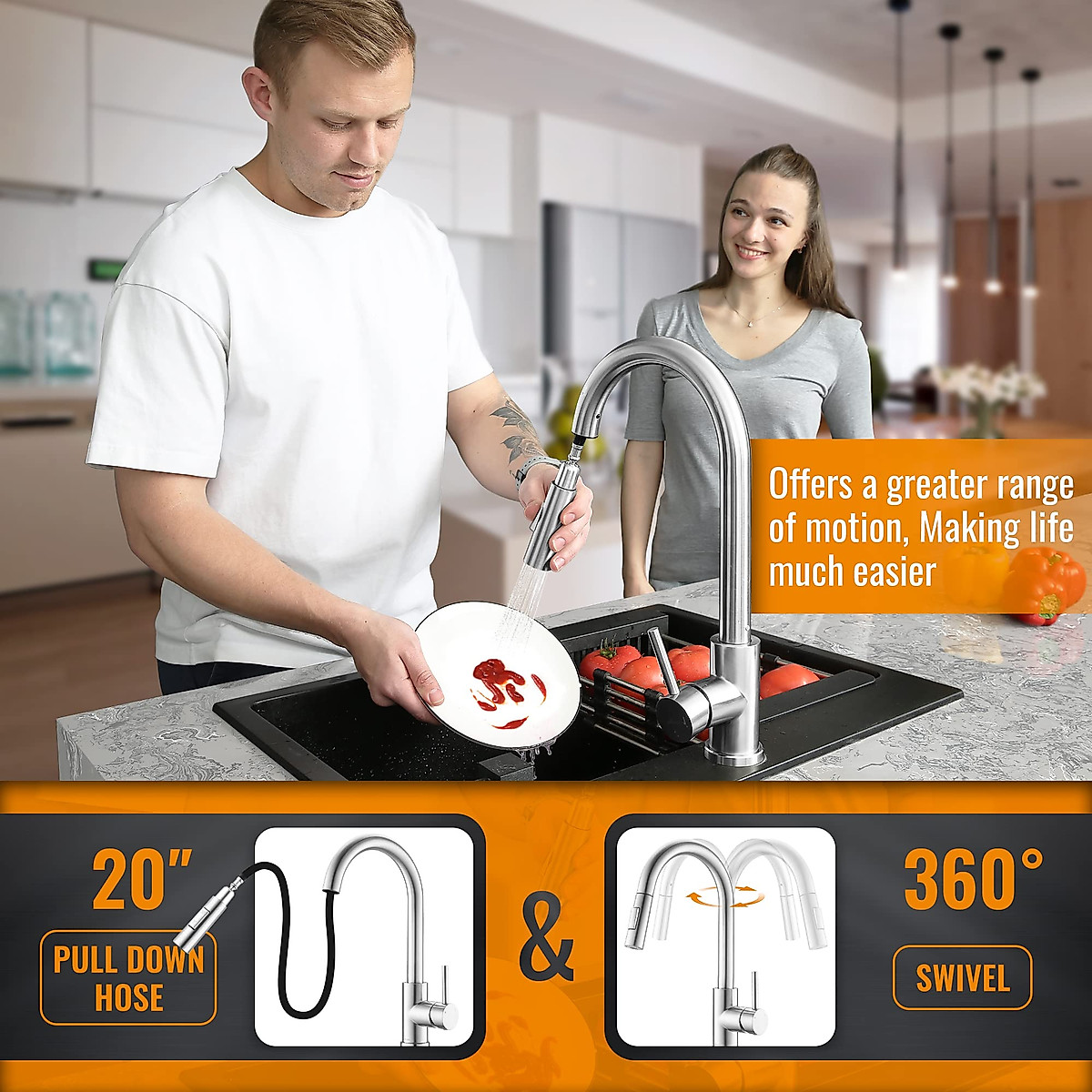 Kitchen Faucet with Soap Dispenser, APPASO Kitchen Faucet with Pull Down Sprayer, Brushed Nickel Kitchen Sink Faucets with Sprayer, Modern Kitchen Faucet for RV Bar Sink, Durable Stainless Steel