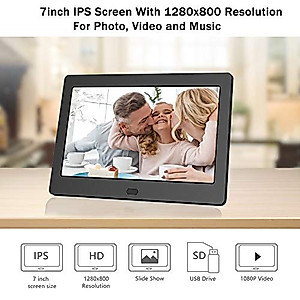 Digital Photo Frame with IPS Screen - Digital Picture Frame with 1080P Video, Music, Photo, Auto Rotate, Slide Show, Remote Control, Calendar, Time,1280x800, 16:9 (7 Inch Black)