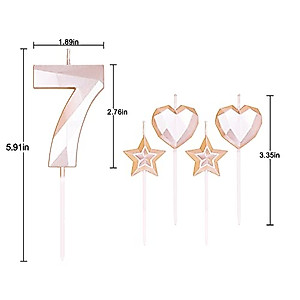 Rose Gold Number 7 Candles and Star Heart Candles 2.76 inch Number Candles for Birthday Cakes 3D Diamond Shaped for Cake Decorations(Rose Gold Candle 7)