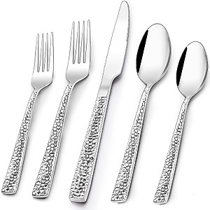 Paincco 60-Piece Hammered Silverware Set for 12, Stainless Steel Square Flatware Cutlery Set, Eating Utensils Sets Include Knife Fork Spoon, Modern Design & Mirror Polished - Dishwasher Safe