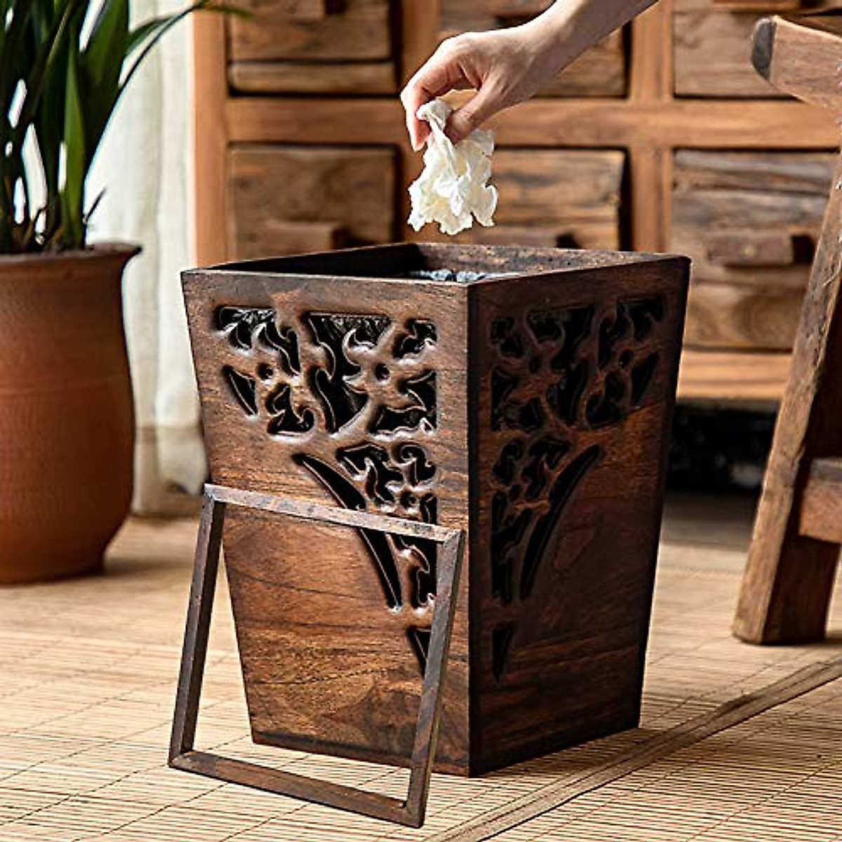 Wooden Open Top Trash Can,deskside Decorative Recycling Can Chinese Storage Bin Office Wastebasket for Livingroom Bedroom Kitchen-b 23x30x18cm(9x12x7inch)
