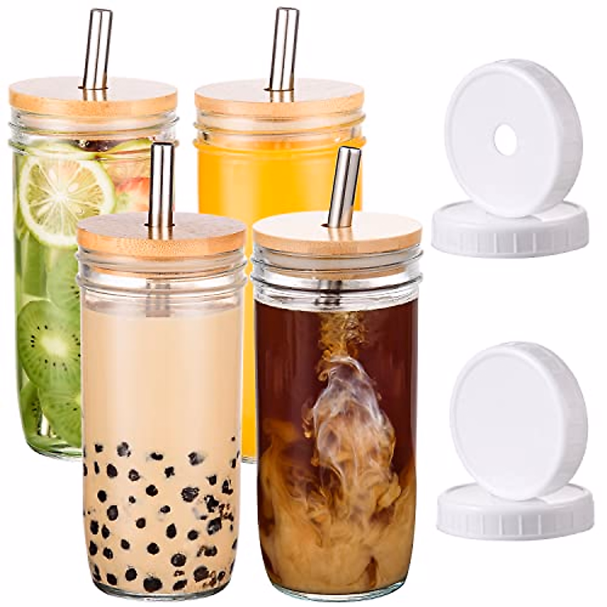 MOHARY [ 4 Pack ] Glass Cups Set - 24oz Mason Jar Drinking Glasses with Bamboo Lids & Straws & 2 Airtight Lids & 2 hole Lids - Cute Reusable Boba Bottle, Travel Tumbler for Tea, smoothie