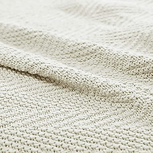 Longhui bedding Cream Fringe Knit Cotton Throw Blanket, 50 x 60 Inches Decorative Knitted Cover with 6 Inches Tassels, Lightweight Couch Blanket, Beige