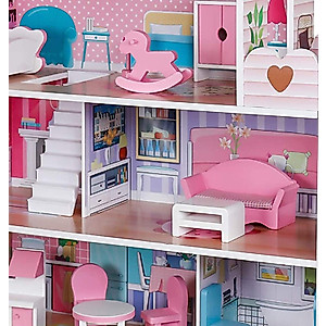 PIDOKO KIDS Wooden Dollhouse - includes 12 Pcs Furniture Accessories - Wood Doll House for 3 4-5 Year Old Girls