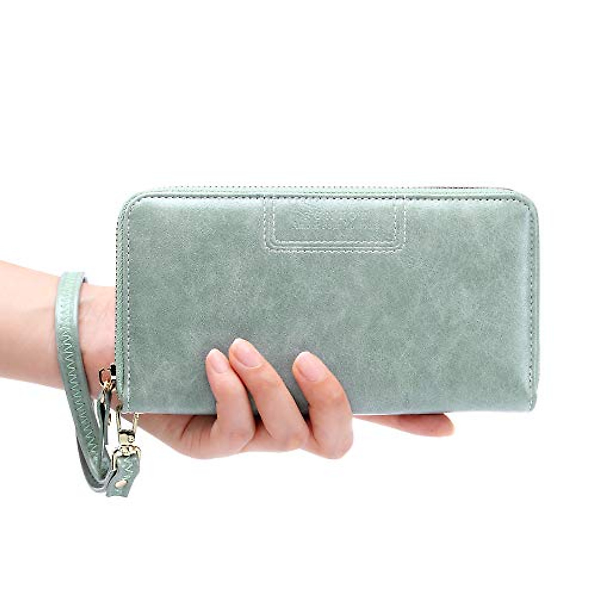 FT FUNTOR Wristlet Wallet for Women, Ladies Zip around Wallet PU Vegan Leather Clutch Bifold Long Purse Phone Card Holder Organizer Green