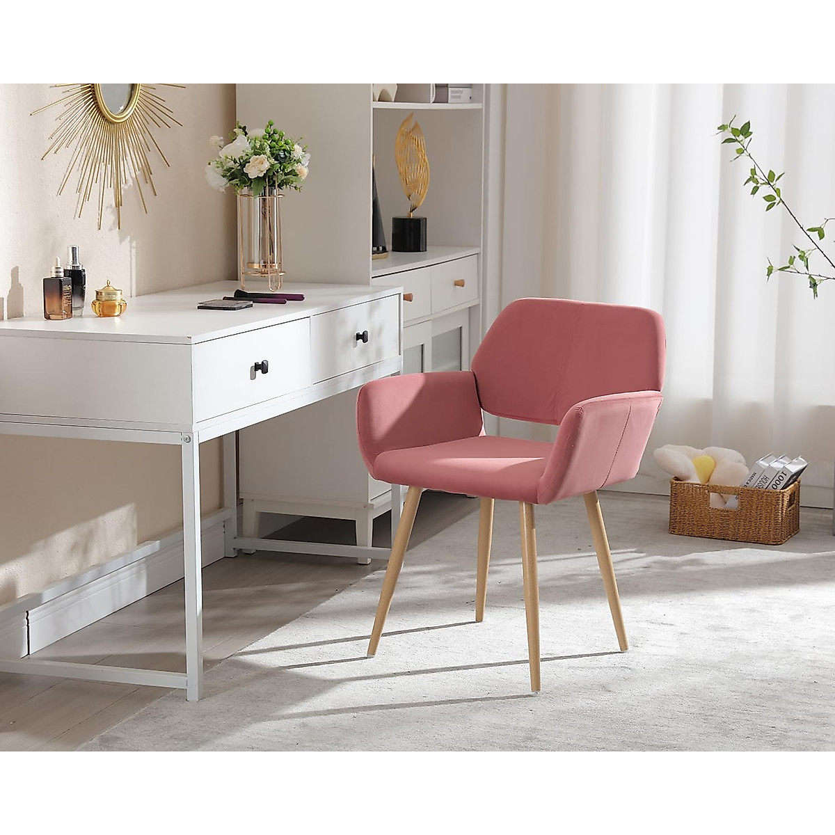 KCC Small Modern Dining Room Arm Chairs 1 Piece, Mid-Century Upholstered Velvet Side Seat Club Guest with Metal Tube Legs for Kitchen, Living Room, Rose