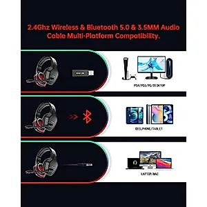 BEAVIIOO Wireless Gaming Headset with Microphone for PC PS4 PS5 Playstation 4 5, 2.4G Wireless Bluetooth USB Gamer Headphones with Mic for Laptop Computer