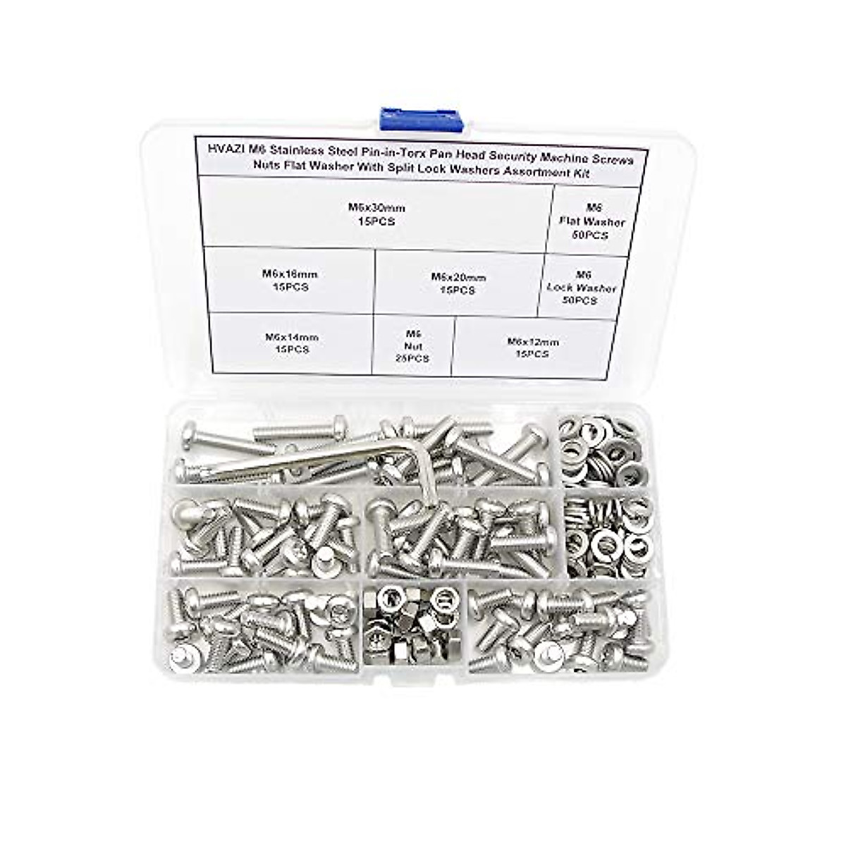 HVAZI M6 Stainless Steel Pin-in-Torx Pan Head Security Machine Screws Nuts Flat Washer with Split Lock Washers Assortment Kit
