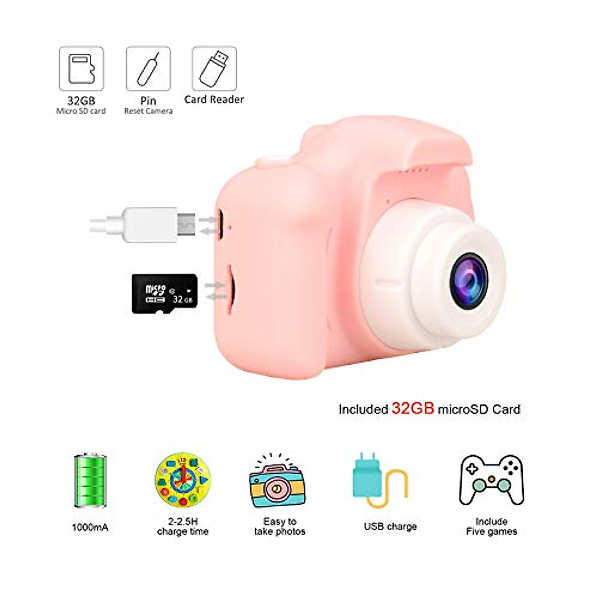 Kids Camera for Boys and Girls, Digital Camera Toy Gifts Ideas for Birthday and Christmas,Rechargeable Kids Video Camera Recorder,Portable Toy for Age 2 to 10 Years Old with 32GB Memory Card (Pink)…