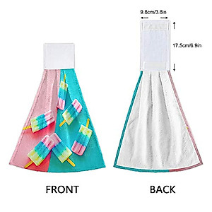 YYZZH Fruit Popsicle Ice Cream Stick On Pastel Color Blue and Pink Soda Strawberry Lemon Popsicle Kitchen Hand Towels with Hook & Loop Set of 2 Absorbent Bath Hand Towel Hanging Tie Towel