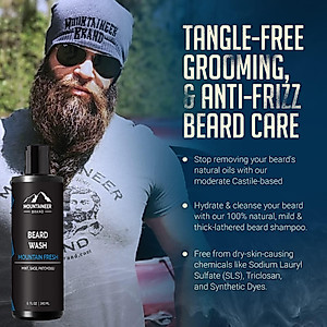 Mountaineer Brand Beard Wash For Men | 100% Natural Beard Shampoo | Thick Cleaning Softening Lather for Hair and Skin | Hydrate and Detangle | Grooming Treatment | Mountain Fresh Scent 8oz