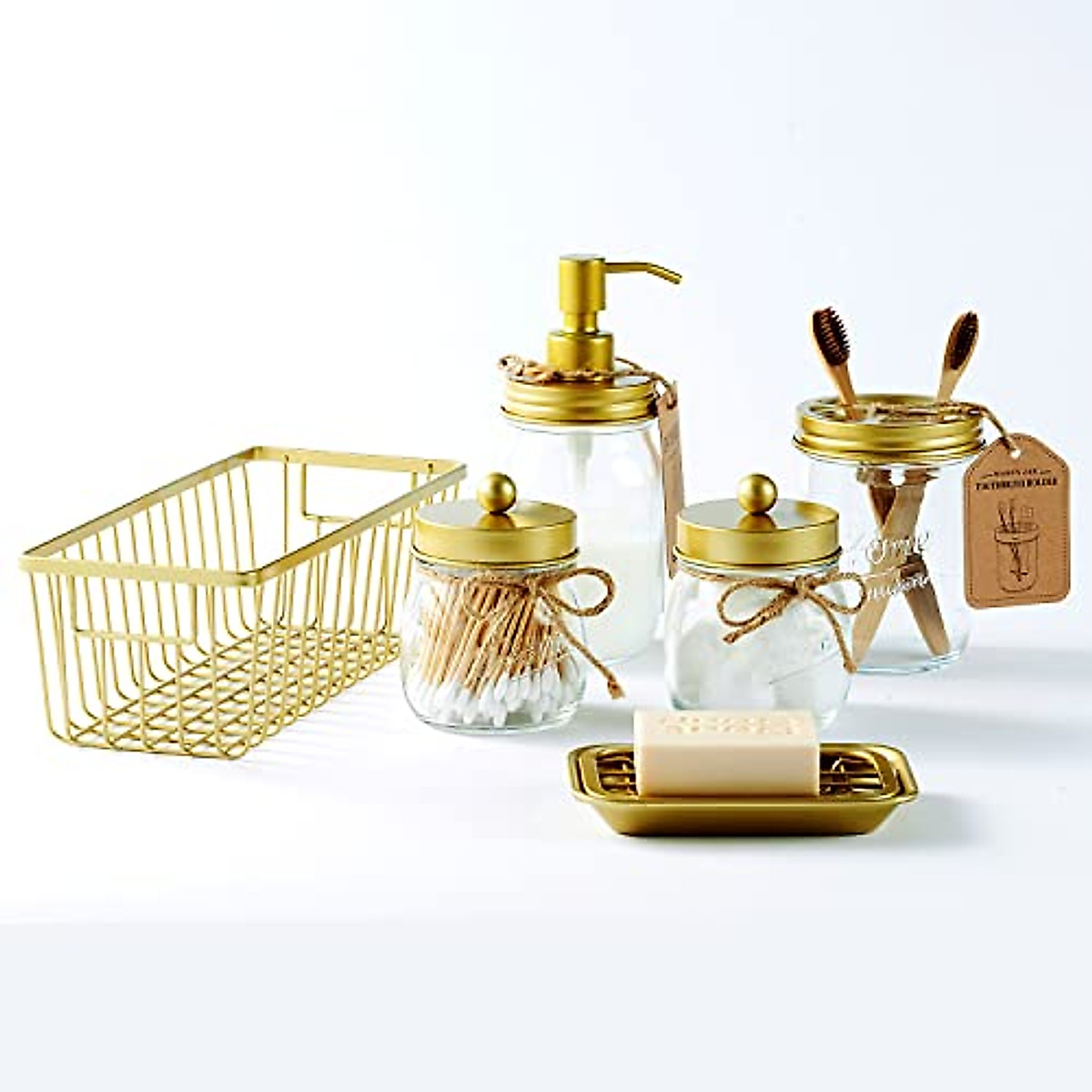 Premium Mason Jar Bathroom Accessories Set (6PCS) - Lotion Soap Dispenser,Toothbrush Holder,2 Apothecary Jars, Soap Dish Tray,Storage Organizer Basket Bin - Rustic Farmhouse Home Decor (Gold)
