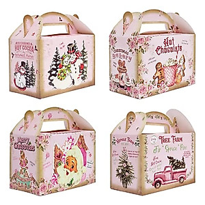 16Pcs Pink Christmas Decorations Christmas Treat Boxes Vintage Christmas Paper Gift Boxes Christmas Santa Boxes with Handle Present Candy Cookie Boxes for Xmas Holiday Party Favor Supplies
