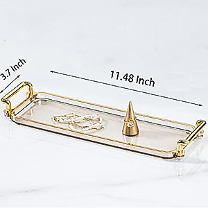 2 Pack Plastic Serving Tray with Gold Handles, 12 x 4 inch Clear Amber Decorative Tray with 1”Wall, Long Narrow Coffee Table Tray Rectangular Tea Tray Decor with Gold Rim for Bar, Party, S, Halyuhn