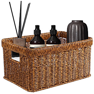 generic Wicker Storage Basket Reinforced Rustic Wicker Basket with Handles Drainage Interlocking Woven Storage Basket 15x10x5in Light Brown Home Storage Supplies (Dark Brown 14x9x7in)