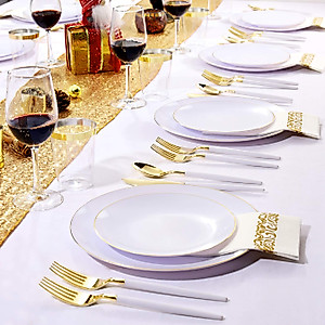 Nervure 140PCS White and Gold Plastic Plates & Disposable Gold Plastic Plates - 20 Dinner Plates, 20 Dessert Plates, 60 Gold Plastic Silverware, 20 Cups, 20 Napkins for Weddings & Party
