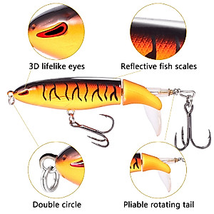 6Pcs Bass Fishing Lures, Whopper Popper Lure, Floating Surface Hard Swimbait with Rotating Tails, Lifelike Spinner Action Lures with Heavy Duty Hooks