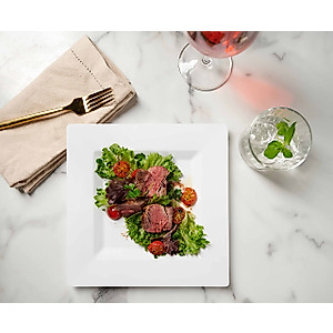 60 White Plastic Plates Set, 30 Pc 10.25 Inch Plastic Dinner Plates, and 30 Pc 7.5 Inch Plastic Dessert Plates, Fancy Disposable Plates, Heavy Duty Party Plates, Elegant Wedding Plates, Square Plates