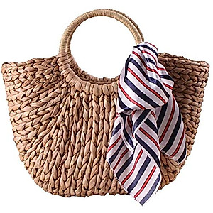 Hand-woven Straw Large Hobo Bag for Women Round Handle Ring Toto Retro Summer Beach (Brown 2)