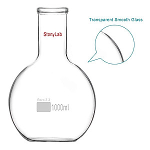 StonyLab Glass 1000ml Long Neck Flat Bottom Flask, Borosilicate Glass Heavy Wall Flat Bottom Boiling Flask with Long Neck, 1000ml (1 Liter)