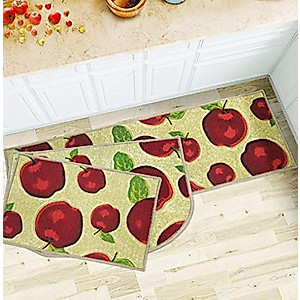 Wolala Home 3 Piece Sets Rubber Backing Non-Slip Red Apple Kitchen Rug and Carpet Machine Washable D-Shape Doormat Bathroom Foot Pads Thin (3pcs Sets, Multi)