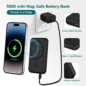 Smtcsl 3 in 1 Wireless Charging Station, Fast Charger Stand Compatible for iPhone/Apple Watch/Airpods, 5000mAh Mag-Safe Battery Pack USB C Power Bank for 15 14 13 12 Series, 20W PD Adapter (Black)