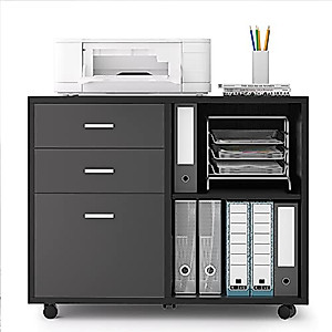 WILLIAMSPACE 3-Drawer Wood File Cabinet, Mobile Lateral Filing Cabinet on Wheels for Printer Stand with Open Storage Shelves for Home Office (Black Oak + Dark Grey)