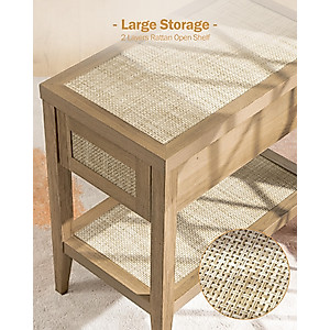 SICOTAS Rattan Nightstands Set of 2 - Boho Night Stand with Type-C Charging Station & Rattan Drawer - Bed Side Table End Table for Bedroom Living Room - Natural Oak