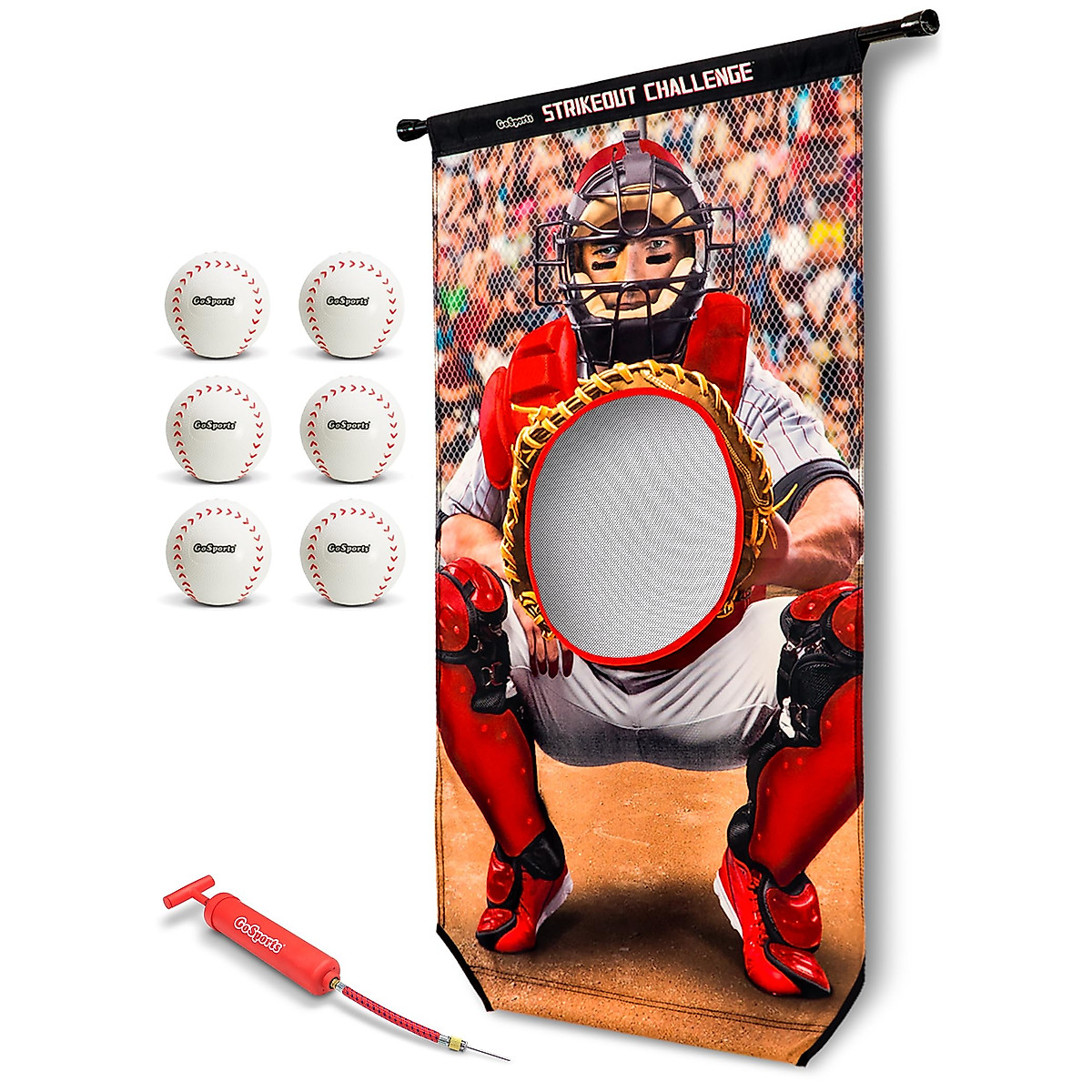 GoSports Strikeout Challenge Baseball Toss Doorway Game - Includes Universal Door Frame Tension Rod and Inflatable Baseballs with Ball Pump