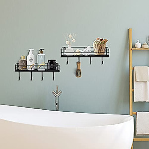 Lyeasw Metal Black Floating Shelves Wall Mounted with 8 Removable Hanging Hooks, 15-Inch Iron Shower Shelf Organizer for Bathroom Kitchen Storage Rack, Set of 2