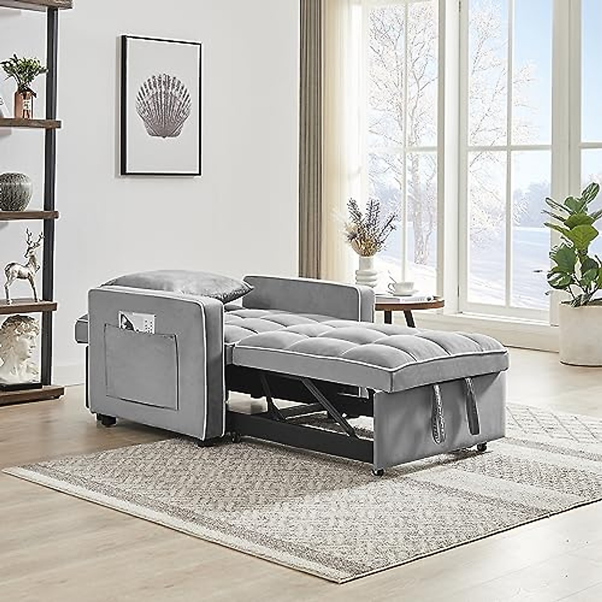 Pull Out Sleeper Futon Single Sofa Chair Bed,3-in-1 Versatile Chaise Lounge Couch with Adjustable Backrest,Lumbar Pillow&Side Pockets,Folding Sofá Recliner for Living Room/Apartment/Compact Space