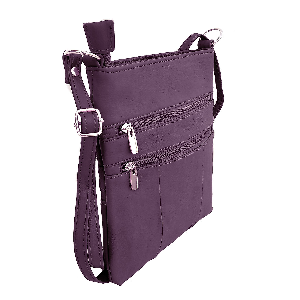 Roma Leathers Mini Body Purse - Multi Pocket Double Zipper Cross Body Handbag - Premium Purple Leather - Adjustable Shoulder Strap - Convenient Travel Bag - Designed in the U.S.A.