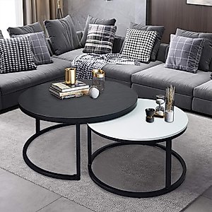 Usinso Round Coffee Tables,2 Round Nesting Table Set Circle Coffee Table with Storage Open Shelf for Living Room Modern Minimalist Style Furniture Side End Table of Stable(Black & White)