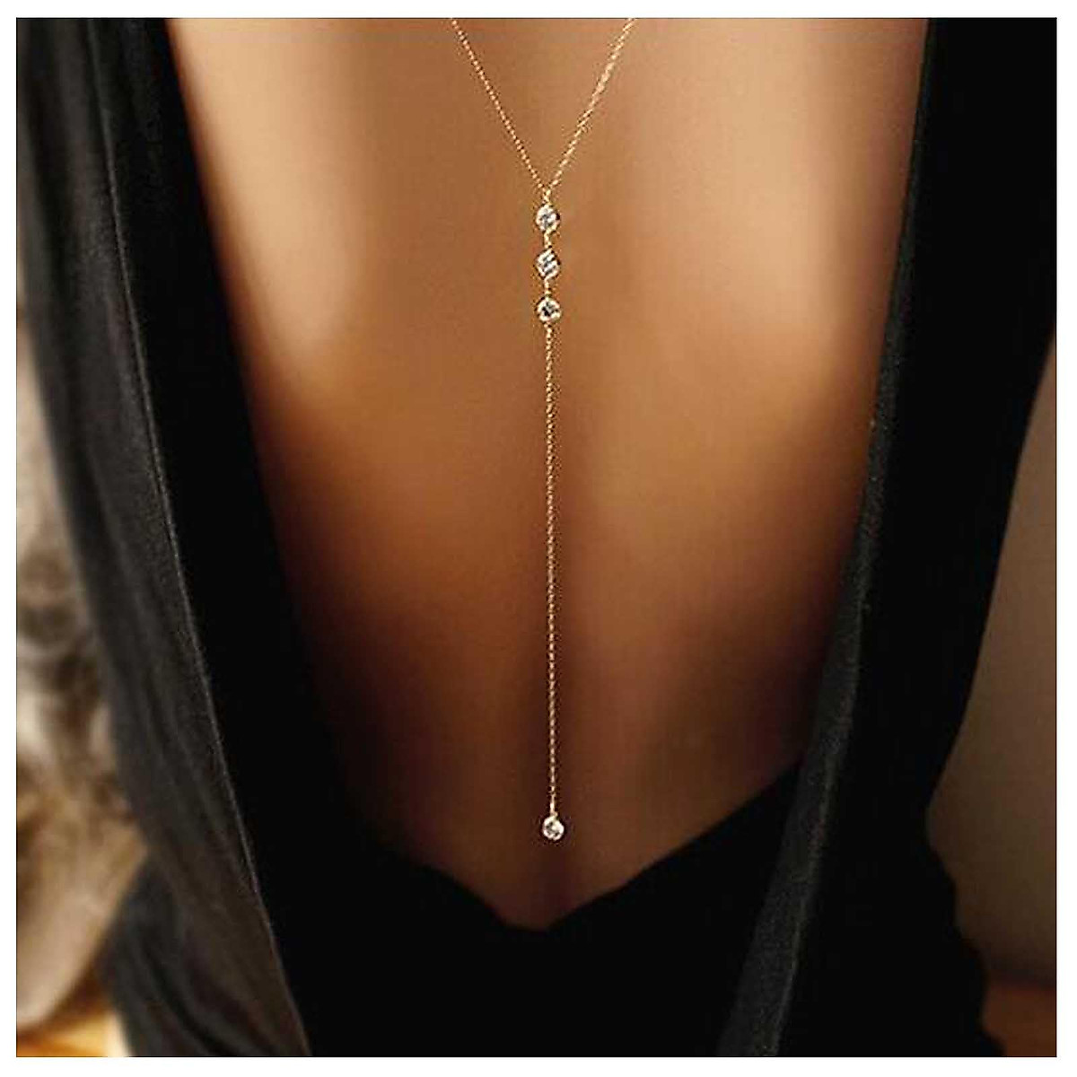 Iaceble Boho Crystal Back Necklace Long Cz Backdrop Necklace Gold Crystal Lariat Y Necklace Rhinestone Back Chain Necklace Long Cz Wedding Backdrop Chain Jewelry for Women (Style 1)