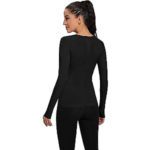 2 Pieces Women Long Sleeve Workout Shirt Seamless Workout Shirts with Thumb Holes Fitted Top Sports Yoga Athletic Shirt Top(Black, Gray, Medium)
