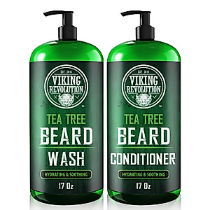 Viking Revolution Tea Tree Oil Beard Wash and Beard Conditioner For Men - Natural Beard Softener Set with Argan Oil, Vitamin E and Ginseng - Beard Shampoo and Conditioner Set (17 Oz)