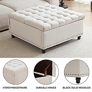 Tbfit Large Square Storage Ottoman Bench, Tufted Upholstered Coffee Table Ottoman with Storage, Oversized Storage Ottomans Toy Box for Living Room (Beige)