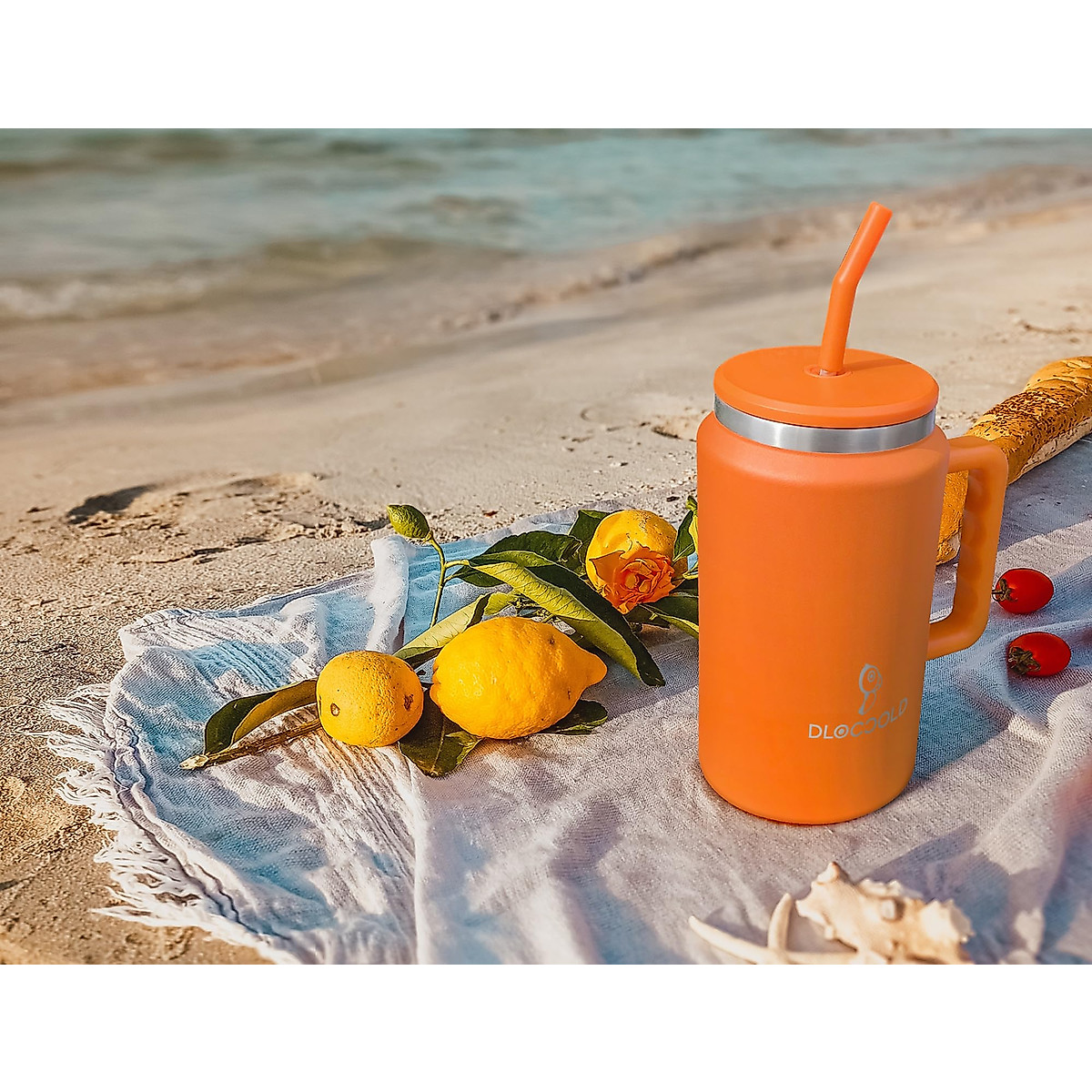 DLOCCOLD 50 oz Mug Tumbler with Handle and Straw Lid, Stainless Steel Insulated Large Travel Jug with Handle, Double Wall Reusable Water Bottle, White