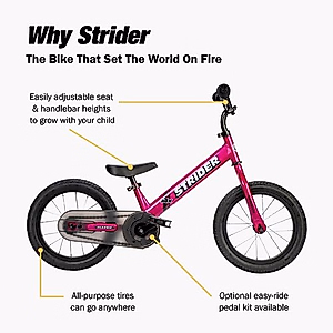 Strider 14x, Funky Fuchsia - Balance Bike for Kids 3 to 7 Years - Includes Custom Grips, Padded Seat, Performance Footrest & All-Purpose Tires - Easy Assembly & Adjustments
