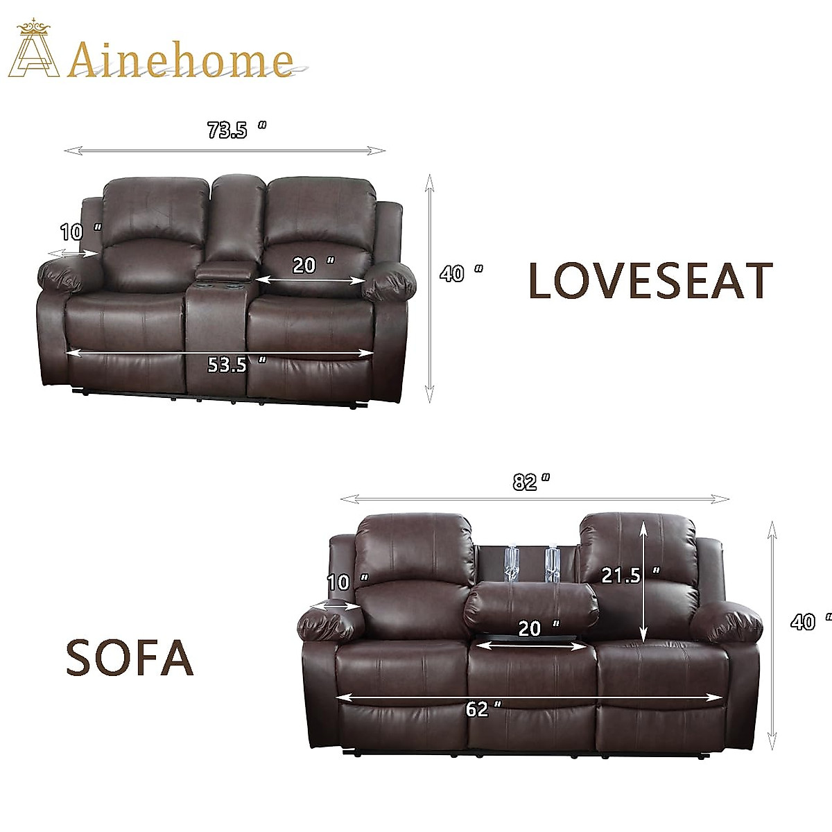 A Ainehome Living Room Furniture Set Leather Recliner Sofa Set Loveseat Chair Furniture Sofa Set for Living Room/Small Space/Rv/House/Office/Theater Seating (A-Brown Leather, Sofa+Loveseat)