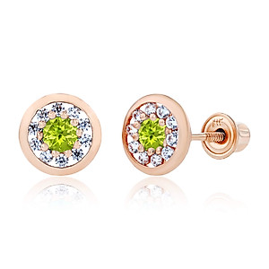 Solid 14K Rose Gold 6mm Circle 2.50mm Natural Green Peridot August Birthstone Screwback Stud Earrings For Women | 1mm Created White Sapphire Pave Circle Screwback Earrings For Women