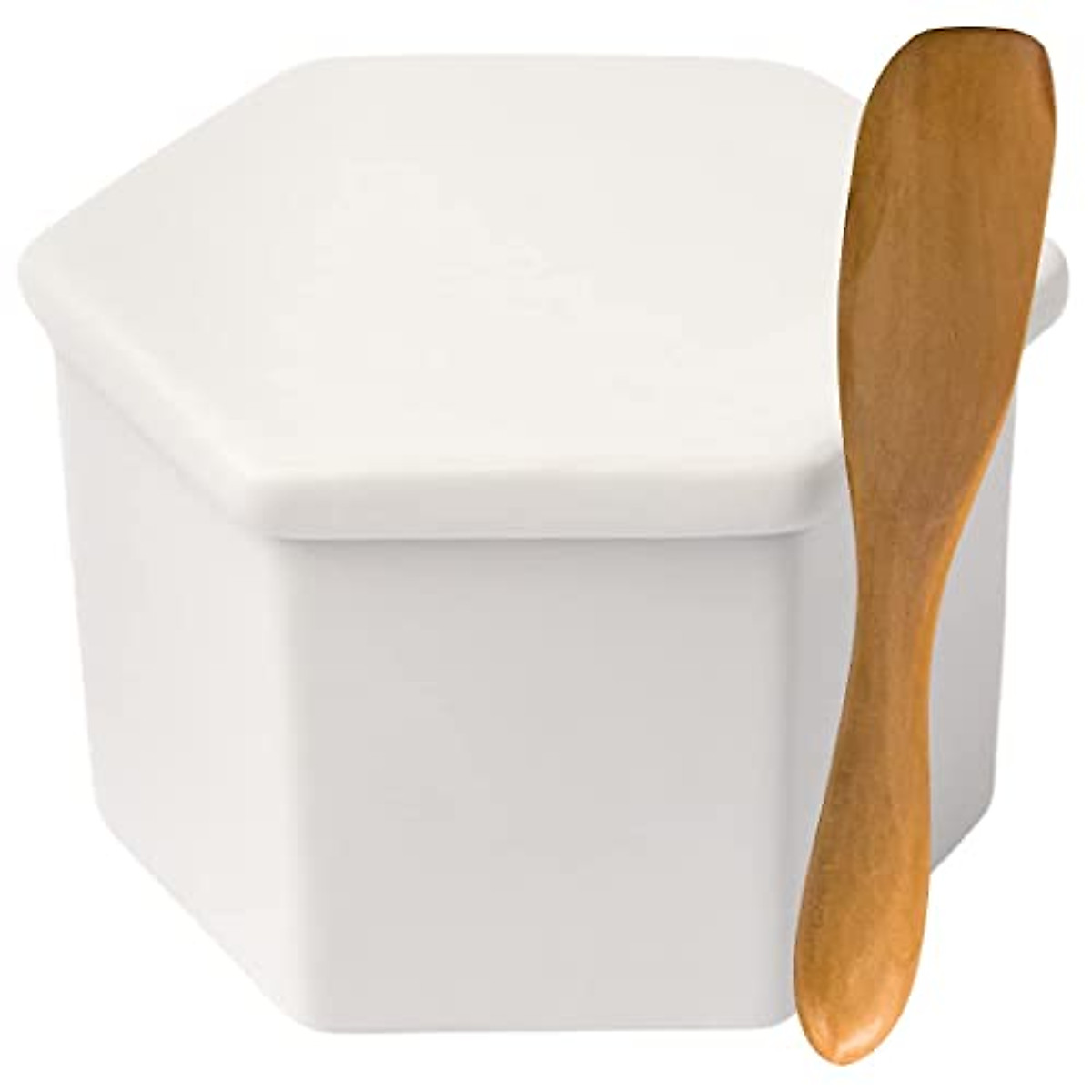 French Butter Crock w/Lid & Wood Spreading Knife - White Modern Butter Keeper for Counter - Modern Hexagon Shape Butter Dish - Stoneware Butter Crock - Dishwasher Safe Butter Storage