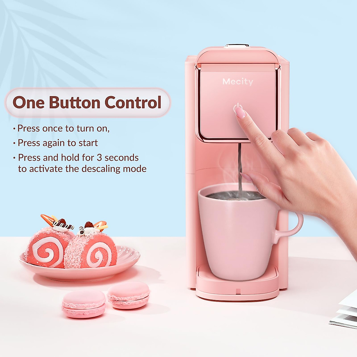 Mecity Pink Coffee Maker Mini Single Serve Coffee Machine Compatible with K Cup Capsule, Ground Coffee, Loose Tea, Small Coffee Pot For Home Use, RV, Apartment, Auto Shut Off 120V 1000W