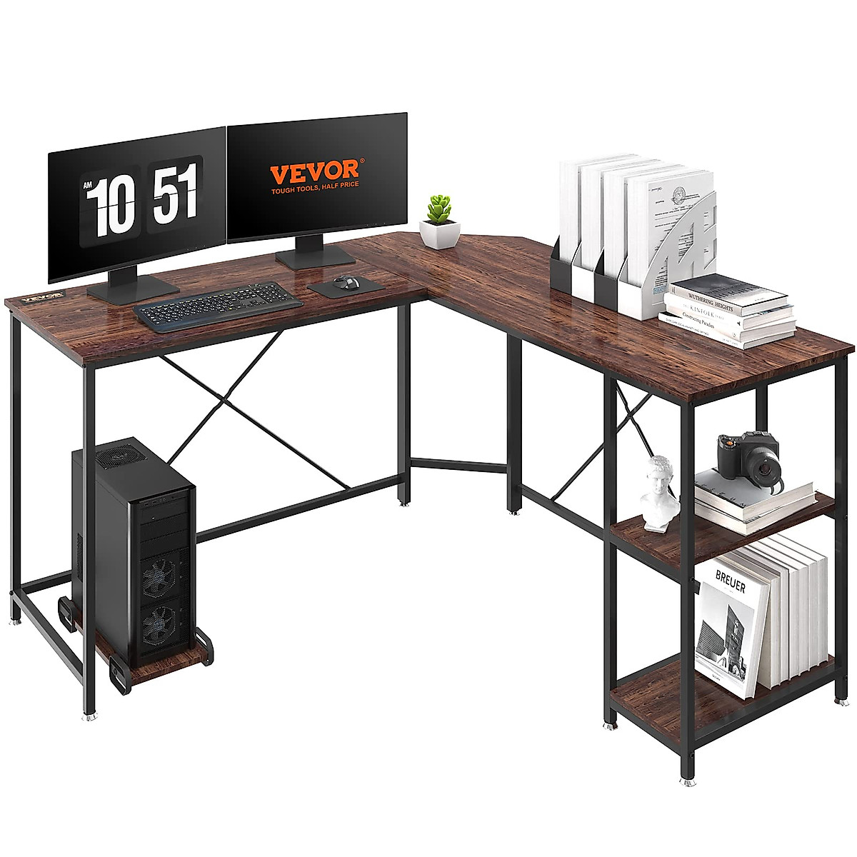 VEVOR L Shaped Computer Desk 54' Corner Desk with Storage Shelves & CPU Stand Corner Computer Desk Gaming Desk for Home Office Workstation Rustic Brown