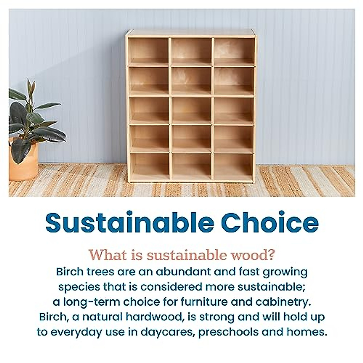 ECR4Kids Streamline 15 Cubby Tray Storage Cabinet, 5x3, Classroom Furniture, Natural