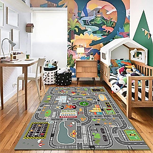 GOJAGOT Kids Carpet Playmat, Car Rugs for Kids Toy Cars, Toddler Activity Mat for Race Cars and Toys, Play Rug Kids Makes a Fun Gift Idea for Boys & Girls.(Gray, 2'6"x4')