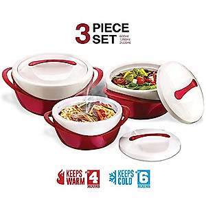 Pinnacle Insulated Casserole Dish with Lid 3 pc. set 2.6/1.25/.6 qt. Elegant Hot Pot Food Warmer/Cooler - Large Thermal Soup/Salad Serving Bowl- Stainless Steel –Best Gift Set for Moms –Holidays Red