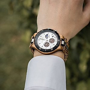 BOBO BIRD Mens Quartz Wooden Watches Stainless Steel Red Sandalwood Alloy Wood Watch for Male Classic Function Wristwatch Chronograph Luminous Hands (Silver)