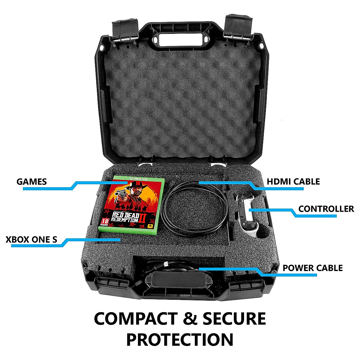 CASEMATIX Travel Case Compatible with Xbox One S - Hard Shell Carrying Case with Protective Foam Compartments for Console, Controller, Power Adapter, Games and More Accessories, Case Only